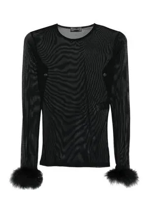 MUGLER Feather-trim Mesh Crewneck Top - Black