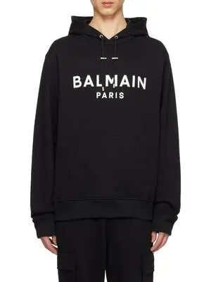 Balmain Logo Printed Drawstring Hoodie - Black