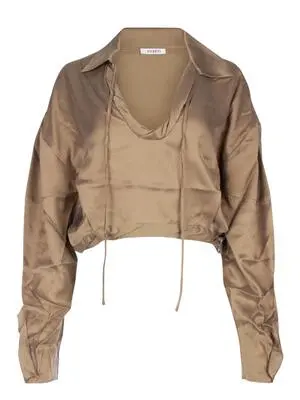 Yuzefi Long Sleeve V-neck Drawstring Top - Brown
