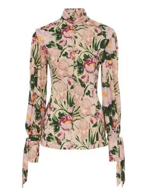 Chloé Floral Print High Neck Long Sleeve Blouse - Nude