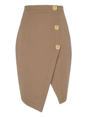 BALMAIN Balmain Taupe Wool Asymmetrical Skirt With Gold Buttons