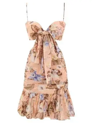 Zimmermann Coco Bow Front Mini Dress - Peach Multi Floral