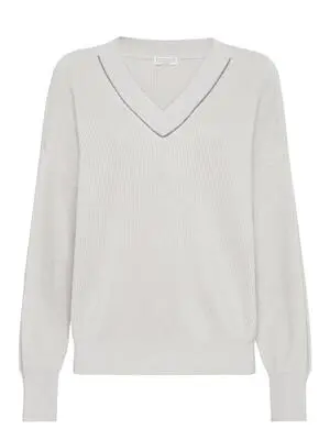 Brunello Cucinelli Monili-trim V-neck Ribbed Jumper - Ivory