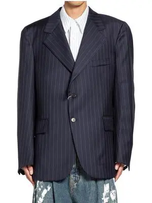 HED MAYNER Pinstripe Wool Suit Jacket - Navy Blue