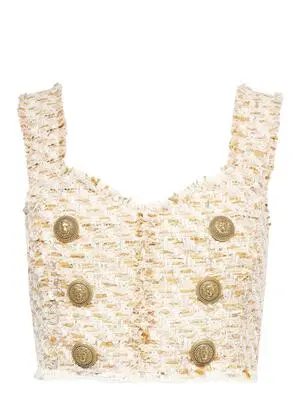 Balmain Embellished Tweed Cropped Top - Nude