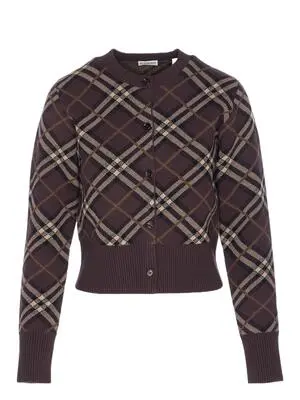 Burberry Checked Crewneck Knitted Cardigan - Black