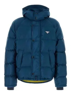 Prada Padded Hooded Jacket With Logo Plaque - Blue