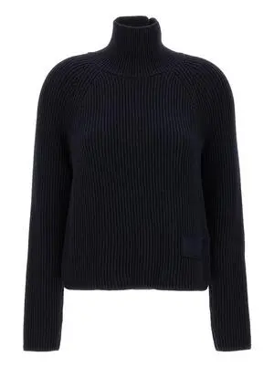 Ami Ribbed Turtleneck Sweater With Logo Patch - Black
