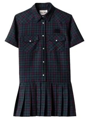Miu Miu Pleated Plaid Mini Dress - Black