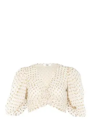 Chloé Ruched Jacquard Cropped Top With Bubble Sleeves - White