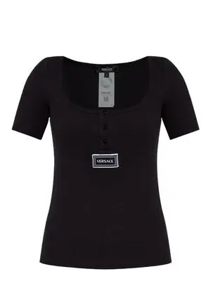 Versace Ribbed Square Neck Short Sleeve Top - Black