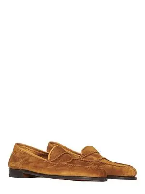 John Lobb Round Toe Suede Slip-on Loafers With Stacked Heel - Brown