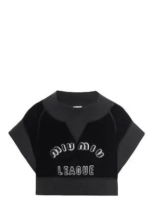 Miu Miu Velvet Cropped T-shirt With Logo Embroidery - Black