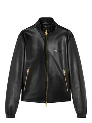 Versace Leather Stand Collar Jacket - Black