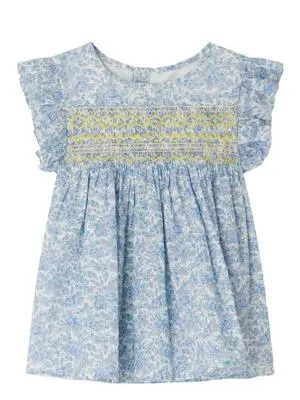 Bonpoint Fidji Smocked Blouse With Ruffle Sleeves - Blue
