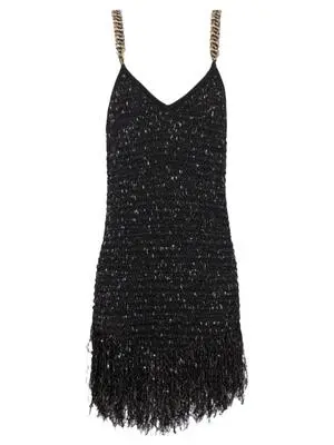 Balmain Chain Strap Lurex Tweed Mini Dress With Fringed Hem - Black