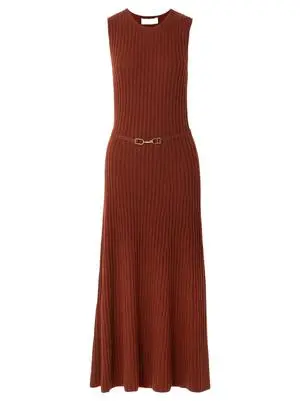Gabriela Hearst Ribbed Knit Sleeveless Dress With Hardware Belt - Wine Red