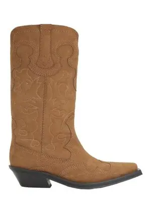 GANNI Embroidered Mid Shaft Western Boots - Tobacco Brown