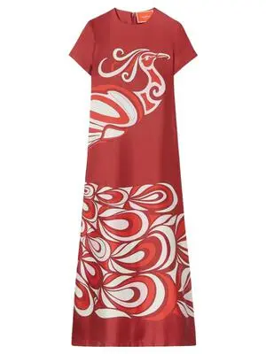 La DoubleJ Swing Bird-print Silk Maxi Dress - Red