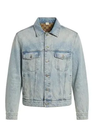 Gucci Reversible Denim Jacket With Gg Canvas - Light Blue/beige And Ebony