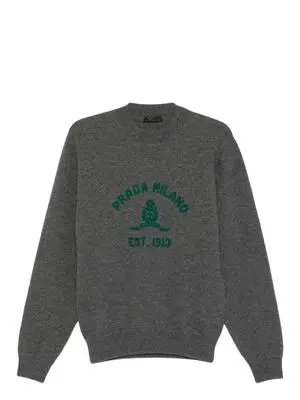 Prada Cashmere Crewneck Sweater With Graphic Print - Slate Grey
