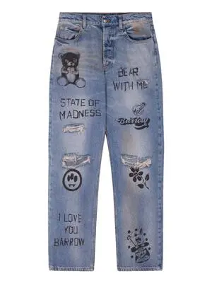 BARROW Straight Leg Distressed Jeans With Sketch Print - Light Sky Blue