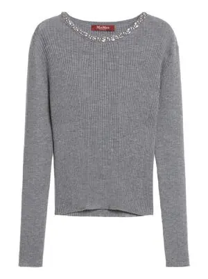 Max Mara Catone Ribbed Knit Sweater With Embellished Neckline - Medium Gray