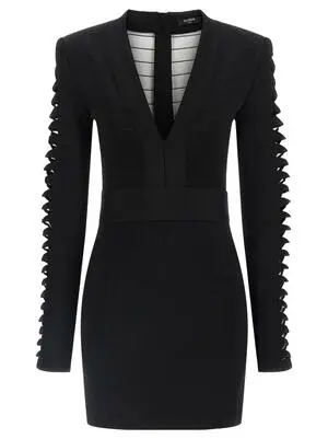 Balmain Long-sleeve Cut-out V-neck Mini Dress - Black