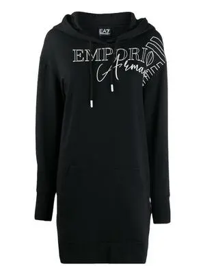 Emporio Armani Logo Print Hooded Longline Sweatshirt - Black