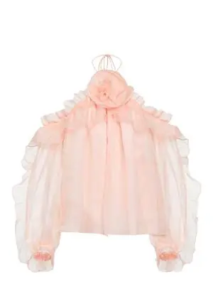 Carolina Herrera Strapless Floral Silk Top With Bell Sleeves - Nude