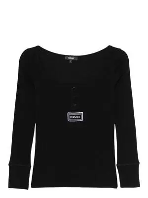 Versace Ribbed Long Sleeve Top With Half Buttons - Black