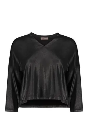 Herno V-neck Metallic Long Sleeve Top - Black