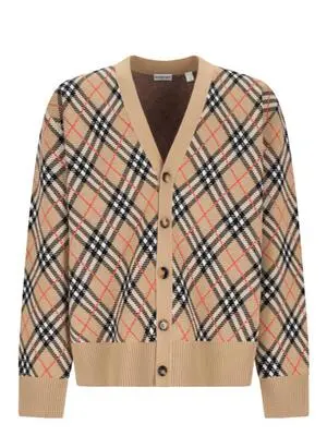 Burberry Checked V-neck Buttoned Cardigan - Nude