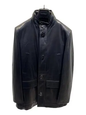 FERRAGAMO Long-sleeved Cotton-padded Leather Jacket - Black