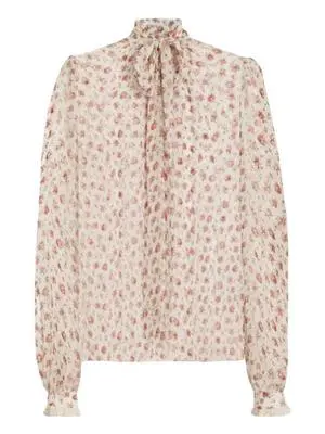 Dolce & Gabbana Small Rose Print Blouse With Bow Tie Collar - Chiffon Top