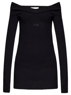 Gcds Off-the-shoulder Long Sleeve Dress With Logo Print - Black