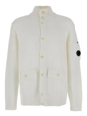 C.P. COMPANY High Neck Cardigan With Sleeve Lens - White