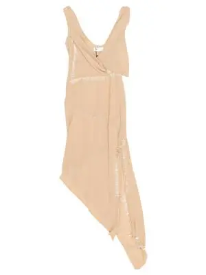 Attico Asymmetric Beaded Deep V-neck Maxi Dress - Beige
