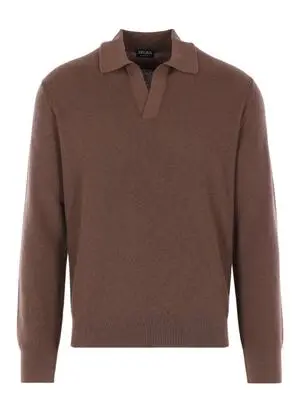 Zegna Long Sleeve Knitted Jumper With Open Collar - Brown