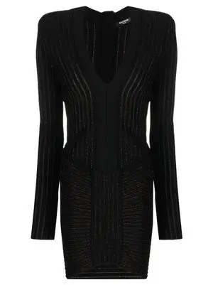 Balmain V-neck Ribbed Knit Mini Dress - Black