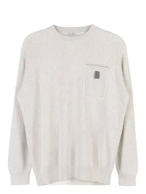 Brunello Cucinelli Long Sleeve Ribbed Knit Sweater With Pocket Detail - Ivory