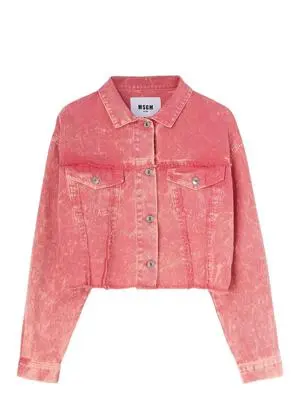 MSGM Cropped Denim Jacket With Frayed Details - Pink