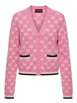 Gucci Gg Intarsia Knit V-neck Cardigan - Pink/ivory White