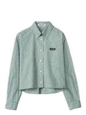 Miu Miu Miu Miu Checked Cropped Poplin Shirt Gray