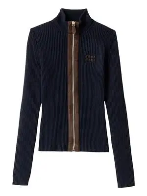 Miu Miu Cashmere And Leather Zipper Cardigan - Blue