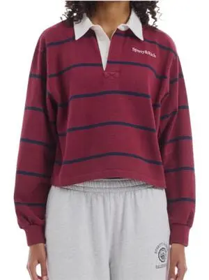 SPORTY  RICH Sporty & Rich Striped Long Sleeve Polo Shirt - Red