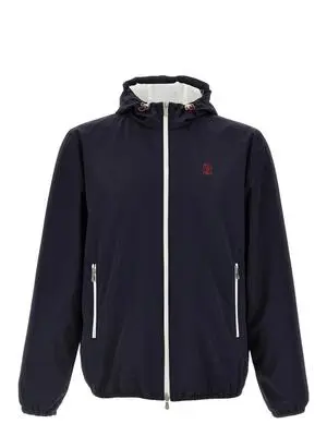 Brunello Cucinelli Logo Embroidered Zip-up Hooded Jacket - Blue