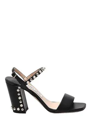 JIMMY CHOO Aadra85 Embellished Square Toe High Heel Sandals - Black
