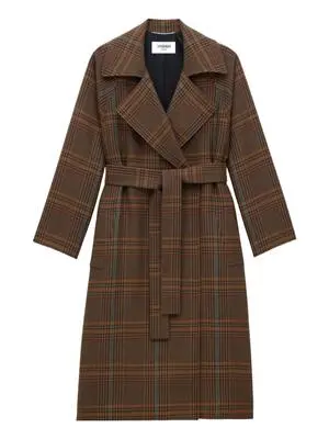 Saint Laurent Checked Belted Long Coat - Beige Chestnut