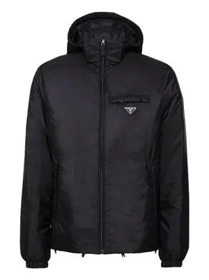Prada Puffer Jacket With Logo Plaque And Hood - Black